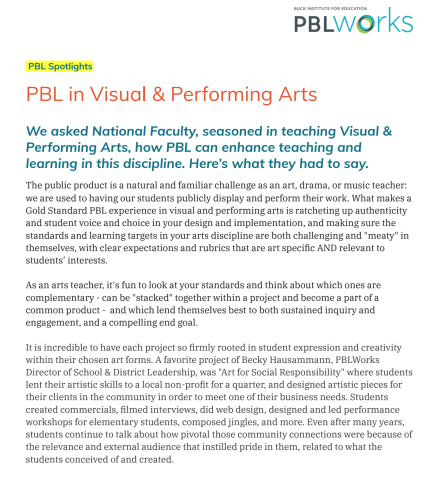 PBL Spotlights: PBL in Visual & Performing Arts | MyPBLWorks